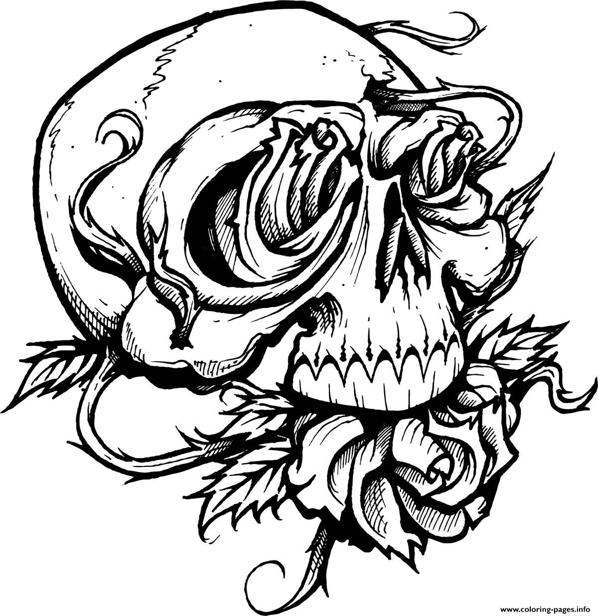 Sugar Skull With Roses Coloring Page Printable
